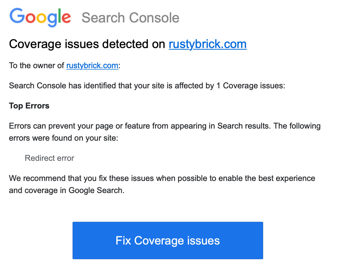 Google Search Console Coverage Issue Redirect Error Mass Emails