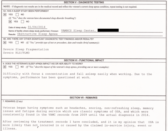 Sleep Apnea DBQ filled and signed by PCP - Veterans Benefits Network