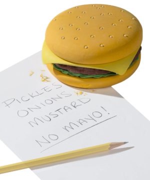 Giant Burger Eraser: Oversized pencil eraser shaped like a cheeseburger.