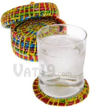 Recycled Plastic Coasters: Set of 6 drink coasters handmade in Nepal.