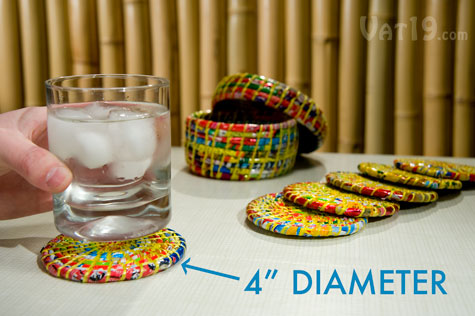 Recycled Plastic Coasters: Set of 6 drink coasters handmade in Nepal.