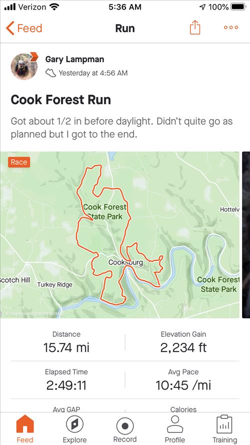 2020 Cook Forest 25k Trail Challenge 16.5 Miler - Self Recorded Results