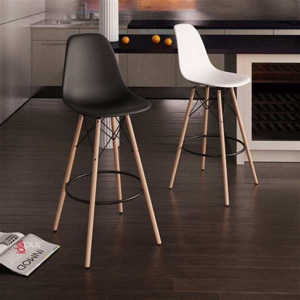 Molded Plastic Bar Stool with Wood Legs (Set of 2)