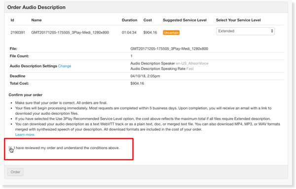 Audio Description: Order AD for a Completed File – 3Play Media Support