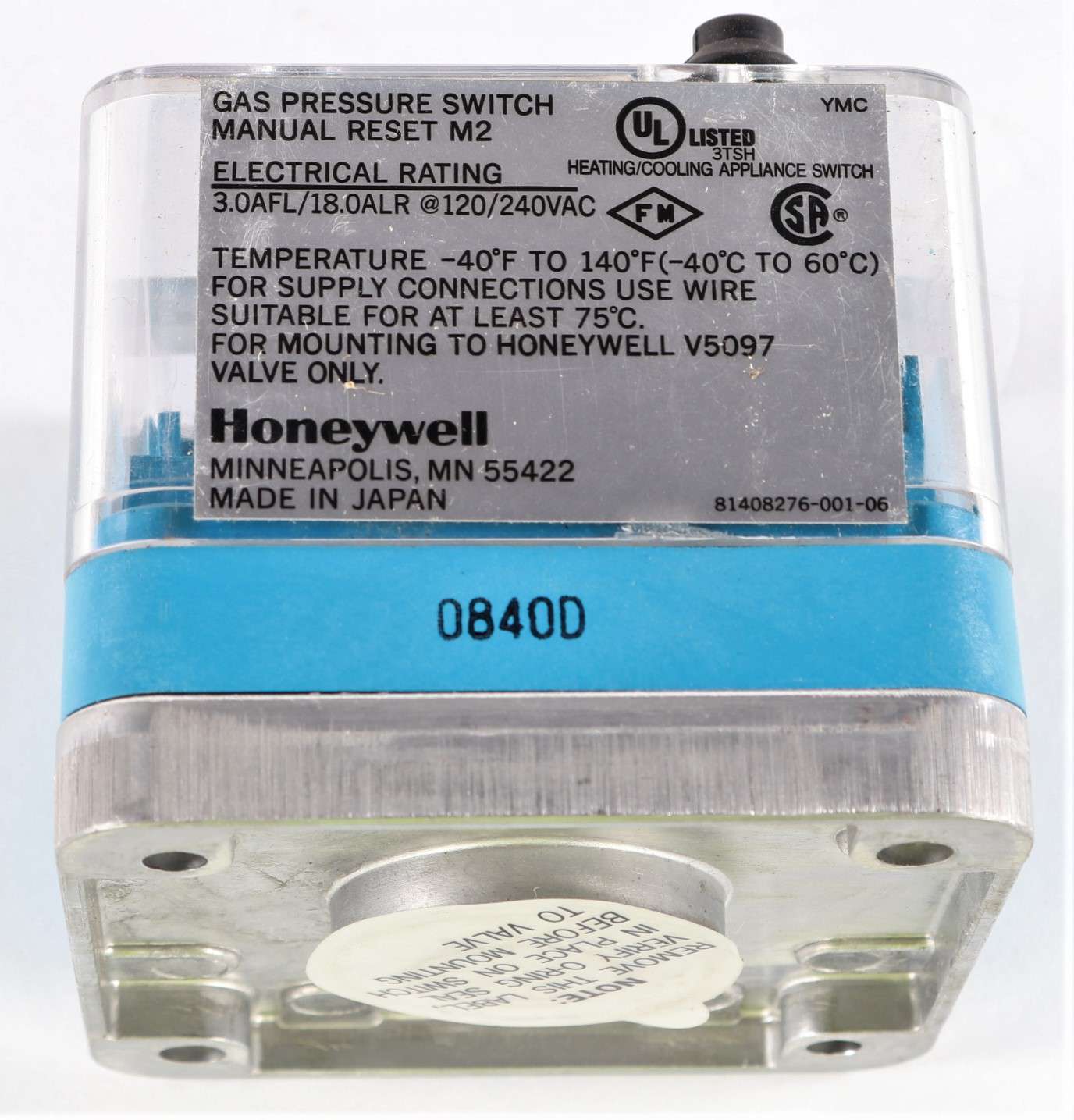 C6097B1010 from HONEYWELL - GAS PRESSURE SWITCH 12-60 IN.WC. MANUAL RESET