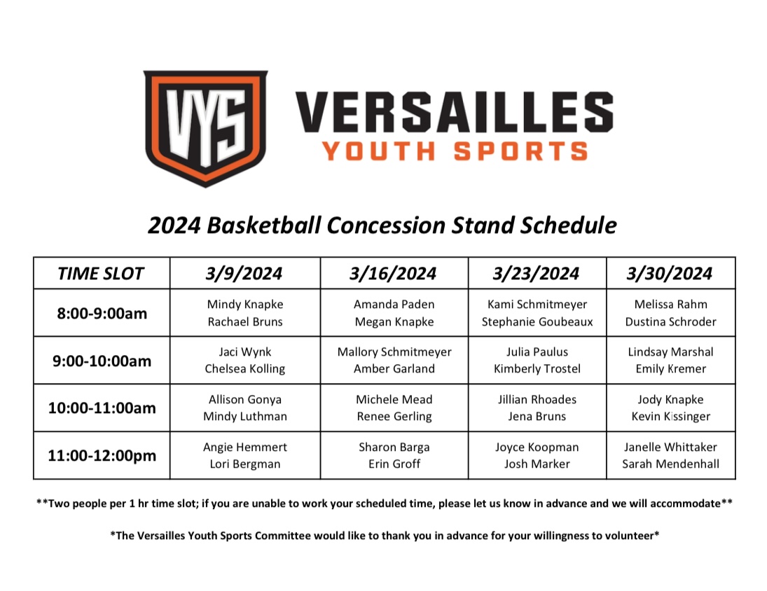 Versailles Youth Sports - Page - Concession Stand Schedule