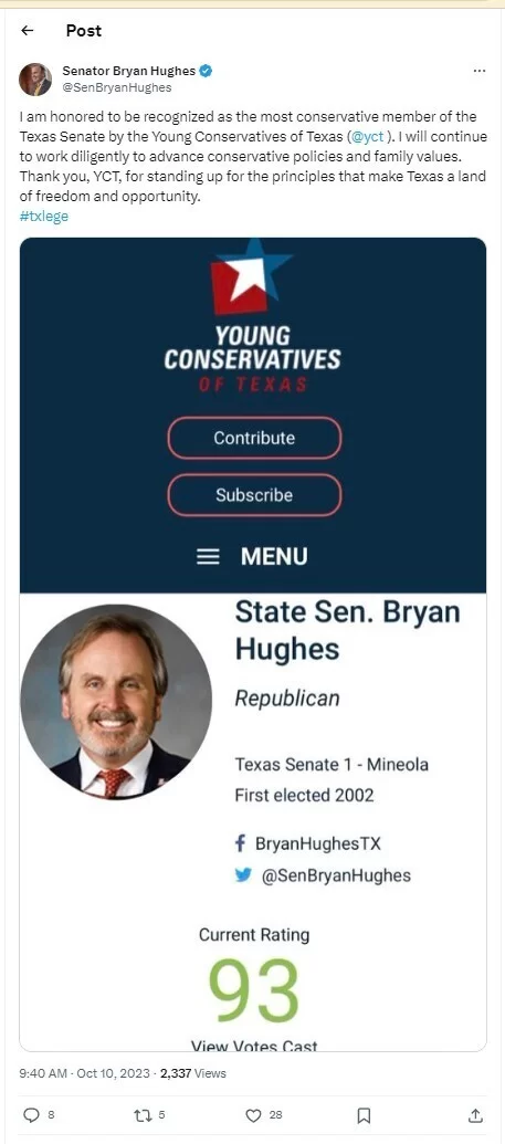 Young Conservatives of Texas name Bryan Hughes most conservative member ...