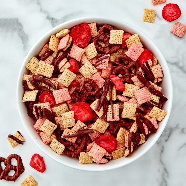 Homemade Chocolate-Covered Strawberry Chex Party Mix