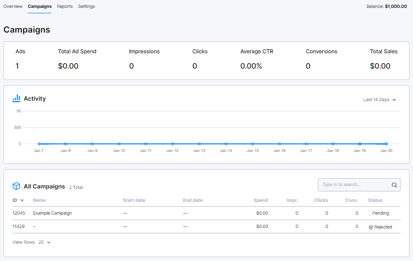 Self-serve: Advertiser Campaigns section