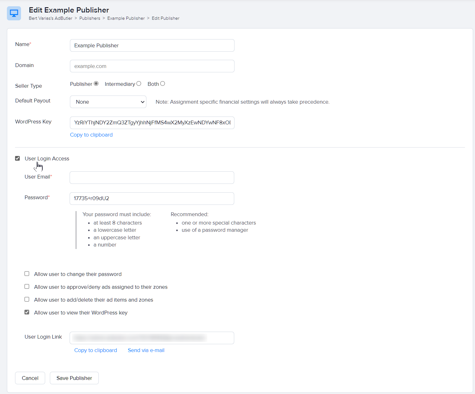 How to create a user login for a publisher