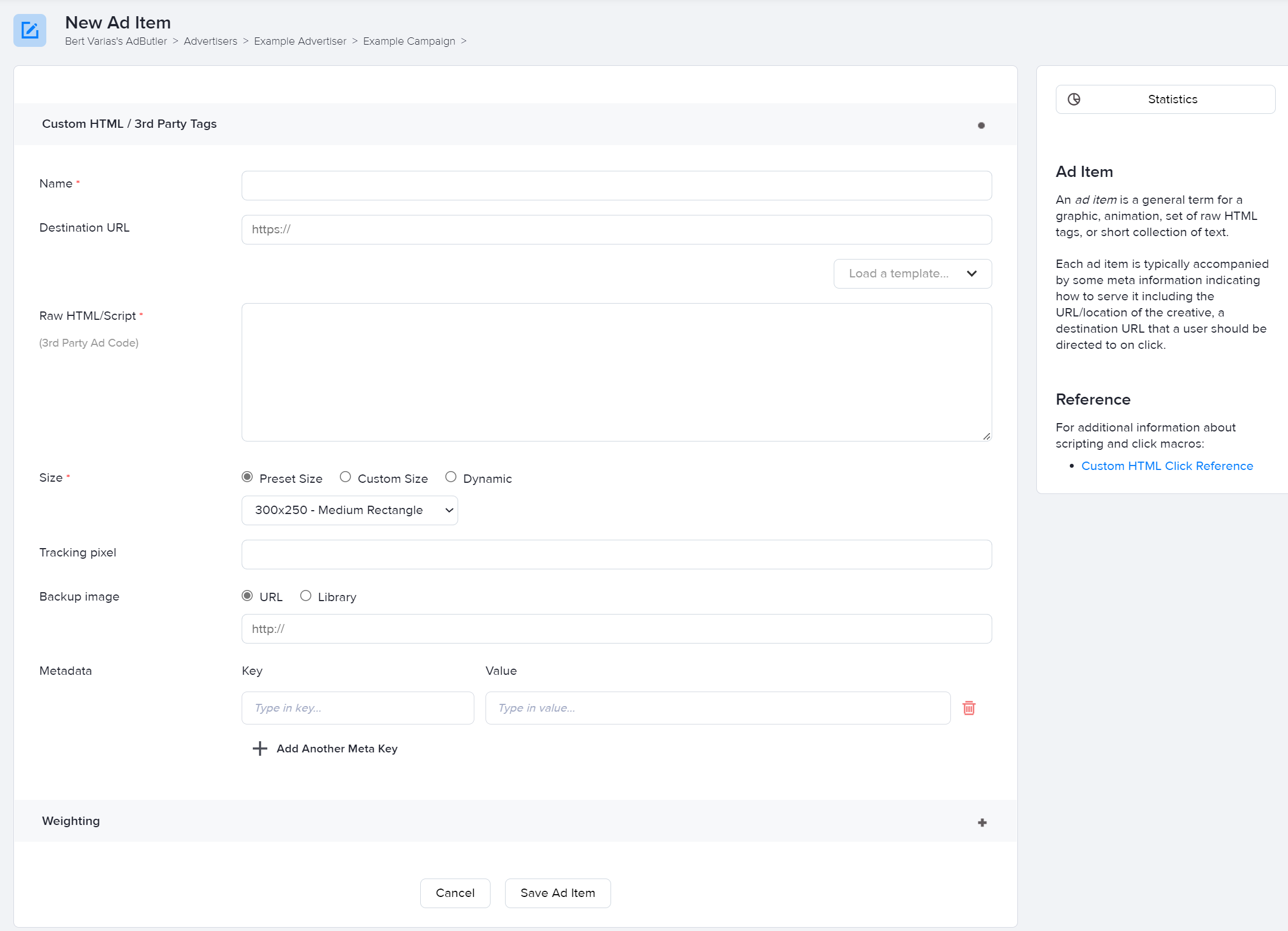How to create a custom HTML/Third party tag ad item