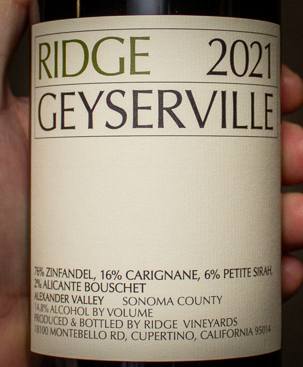 Last Bottle - Ridge Vineyards Zinfandel Geyserville Alexander Valley 2021