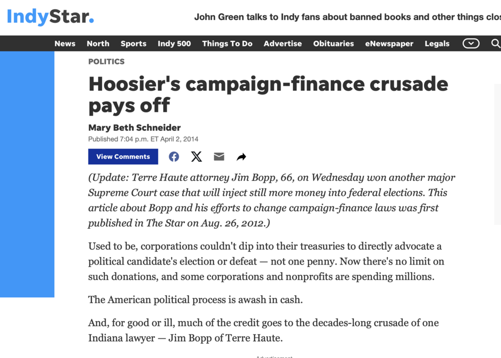 Hoosier's campaign-finance crusade pays off - The Bopp Law Firm