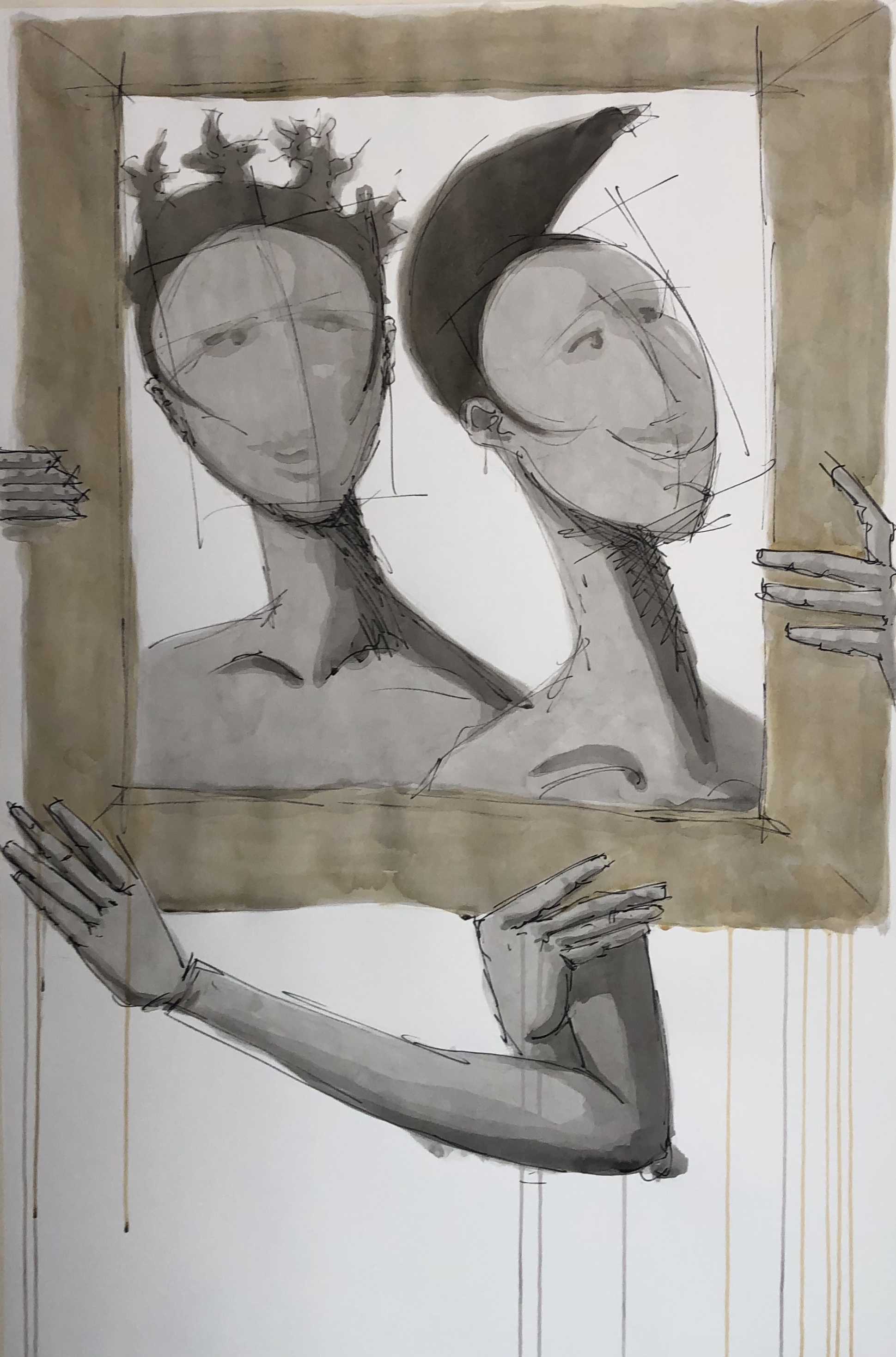 Get out of the box, watercolor painting by Micky Goldstein