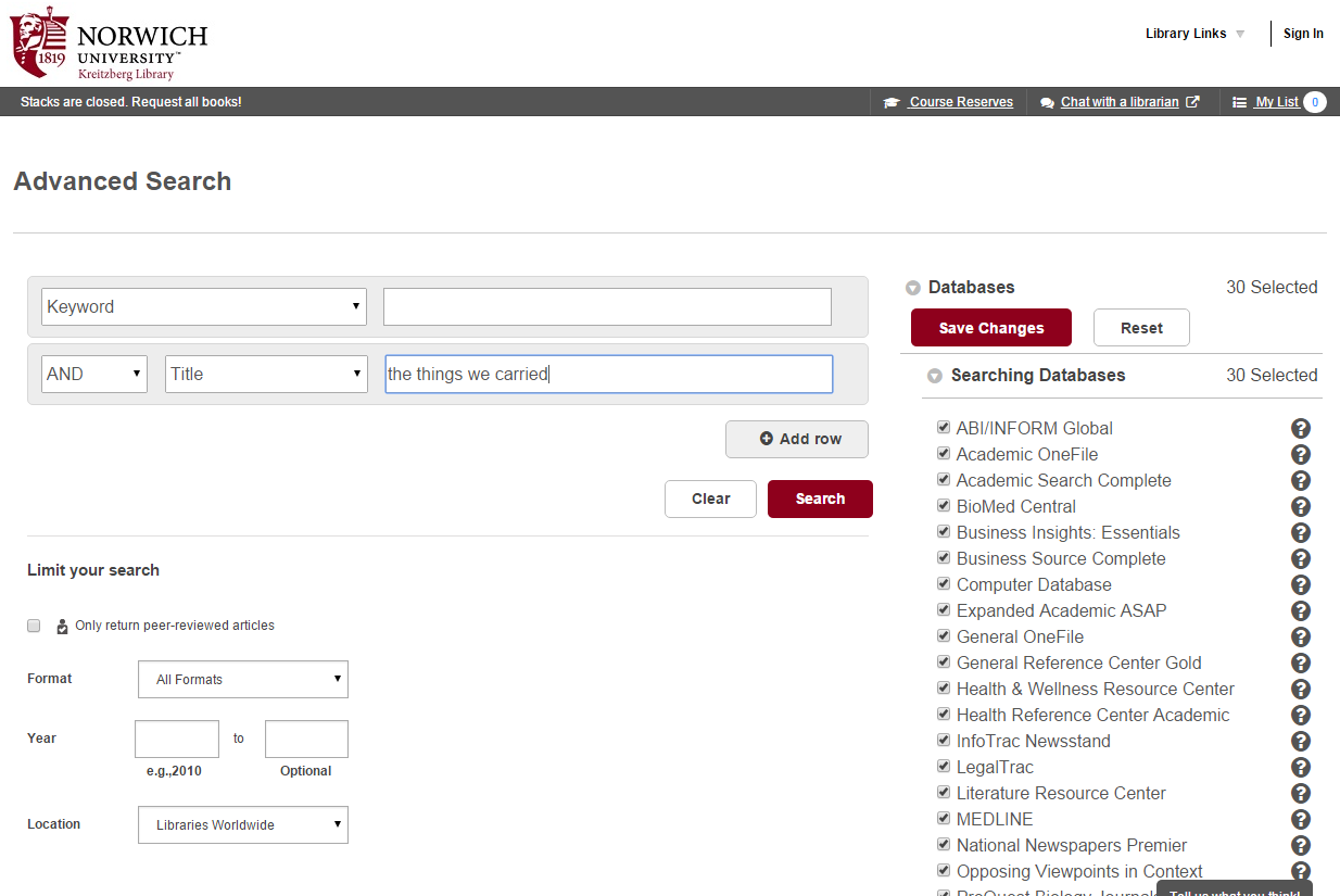 Searching for Books - Find Books - Kreitzberg Library at Norwich University