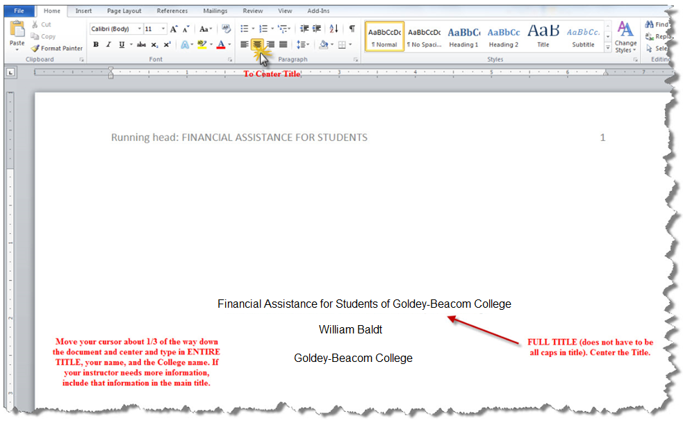 APA Running Header MS Word 2010 APA Style Guide Hirons Library 