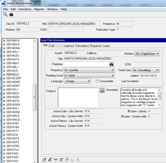 Serials - KLAS User's Guide - LibGuides at State Library of NC