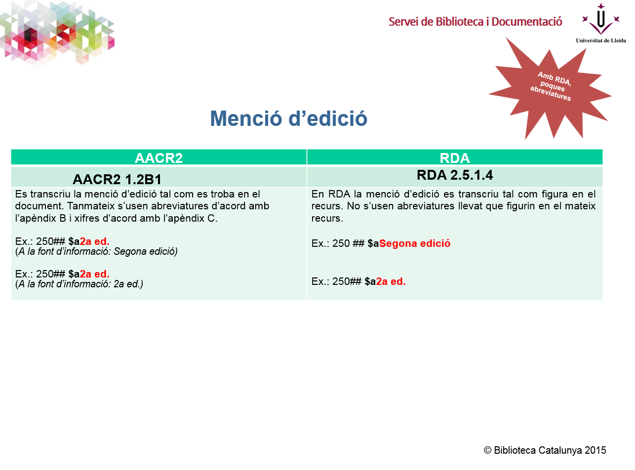 Diferències entre AACR2 i RDA - RDA (Recursos, Descripció i Accés ...