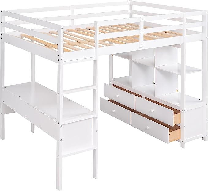 JIVOIT Full Size Loft Bed with Built-in Desk, Space Saving Loft Bed with 4 Drawers, Storage ...
