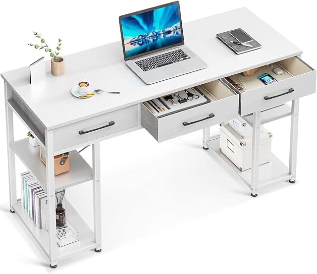 ODK Office Small Computer Desk With Fabric Drawers And Storage Shelves ...
