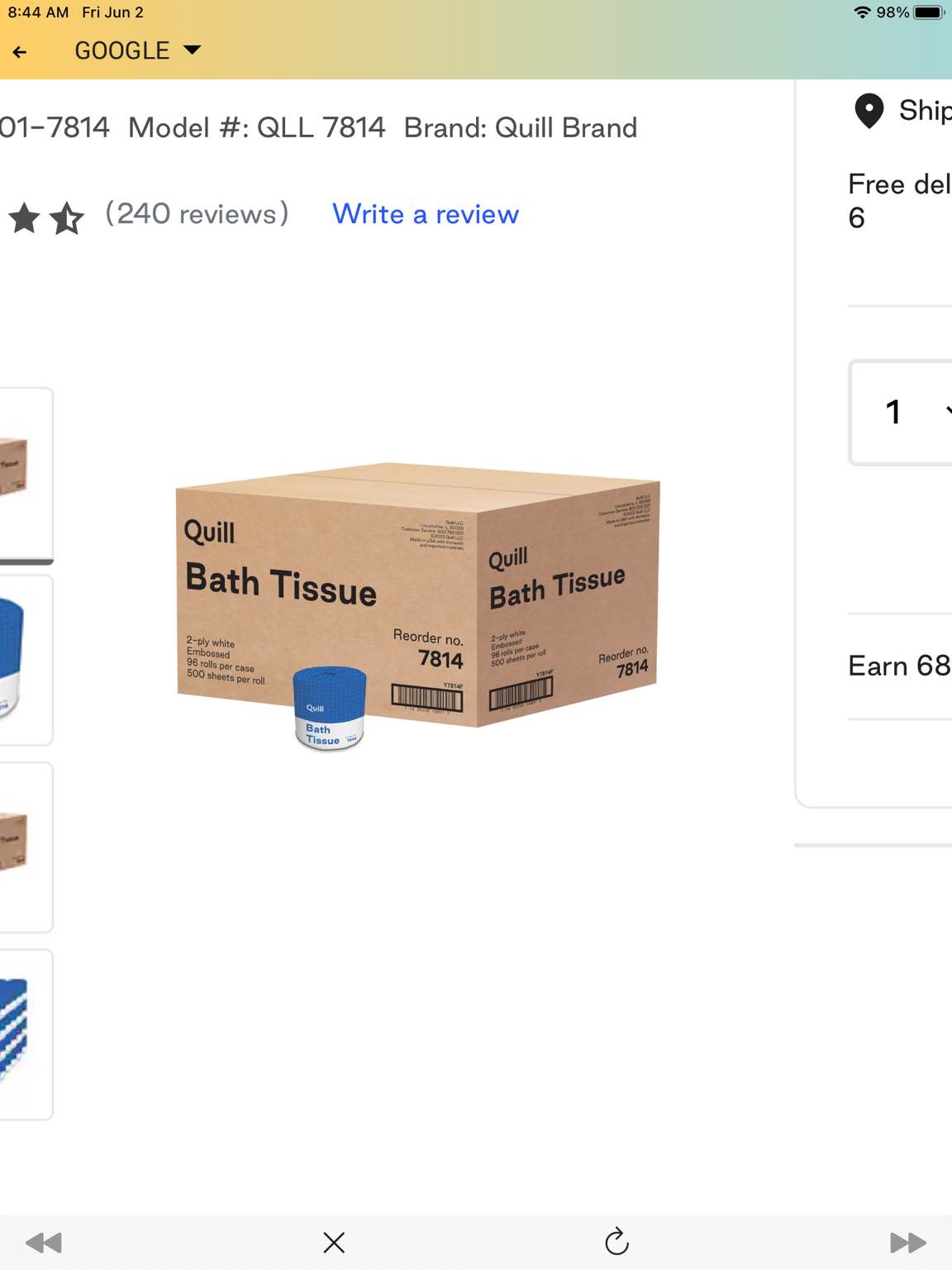 New, Quill Toilet Paper Roll 2 Ply 500 Sheets 96 Rolls (c-1.10-ag10)