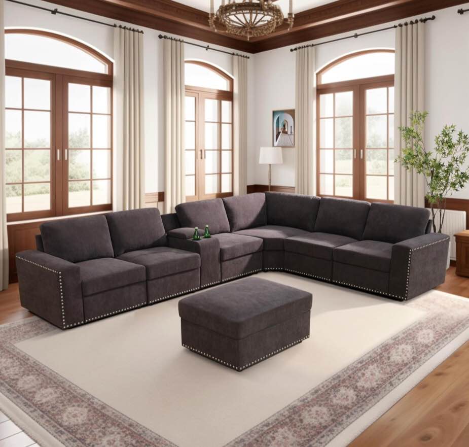 VOOPAR 8-Pieces Sofa Set, Brown Fabric Couch with Detachable Cushions ...