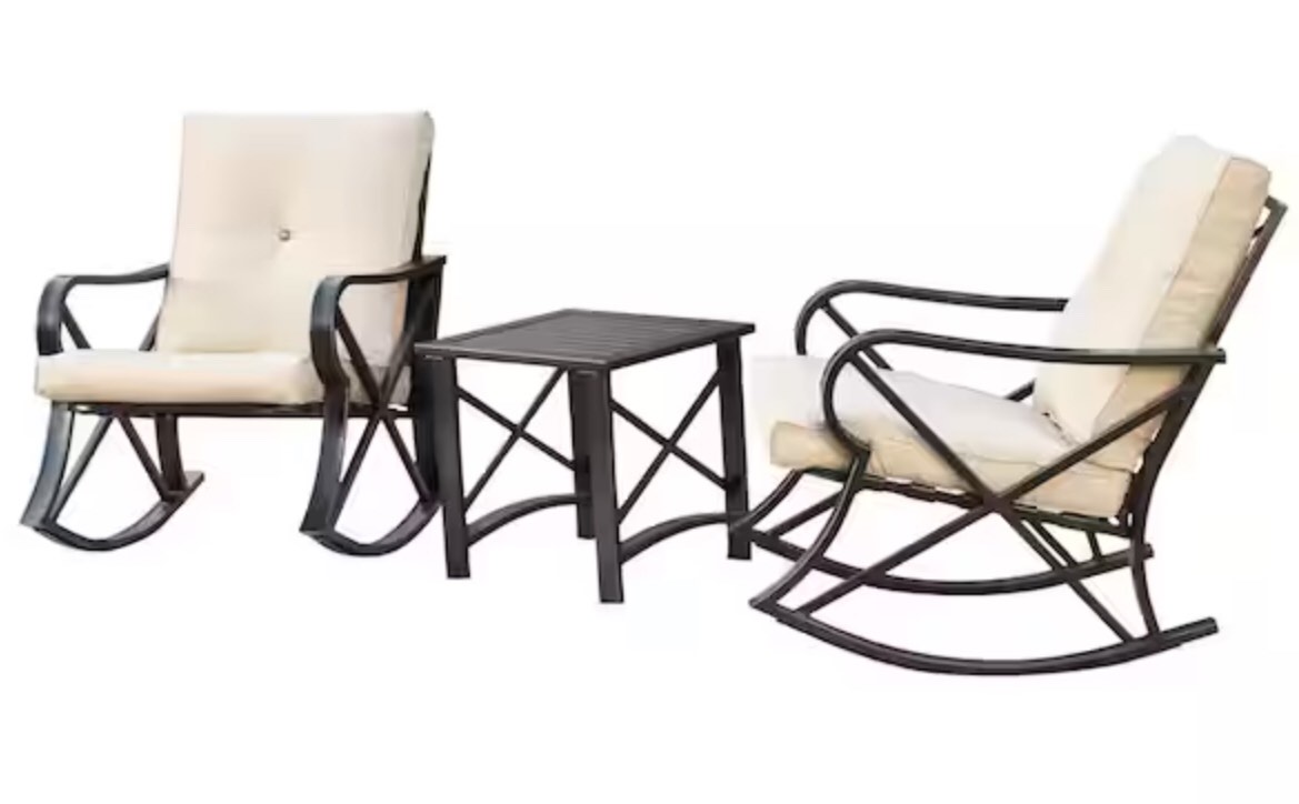 3-Piece Metal Patio Rocker Conversation Set with Beige Cushions