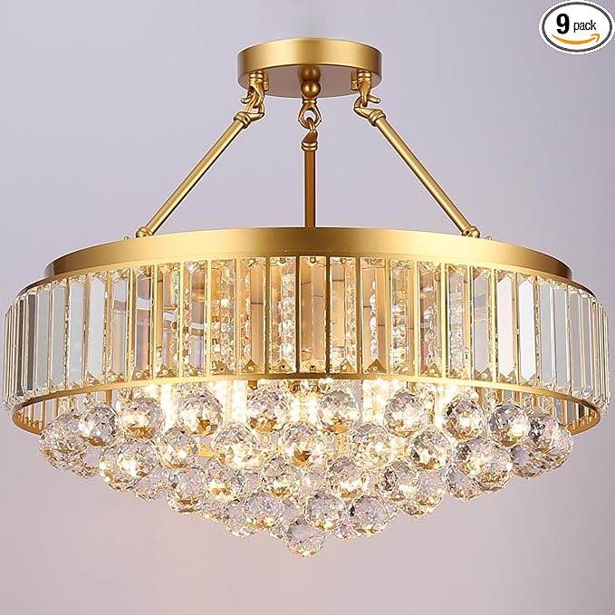 YYJLX 6-Light Modern Large Crystal Chandelier Gold Metal E26 Semi Flush ...