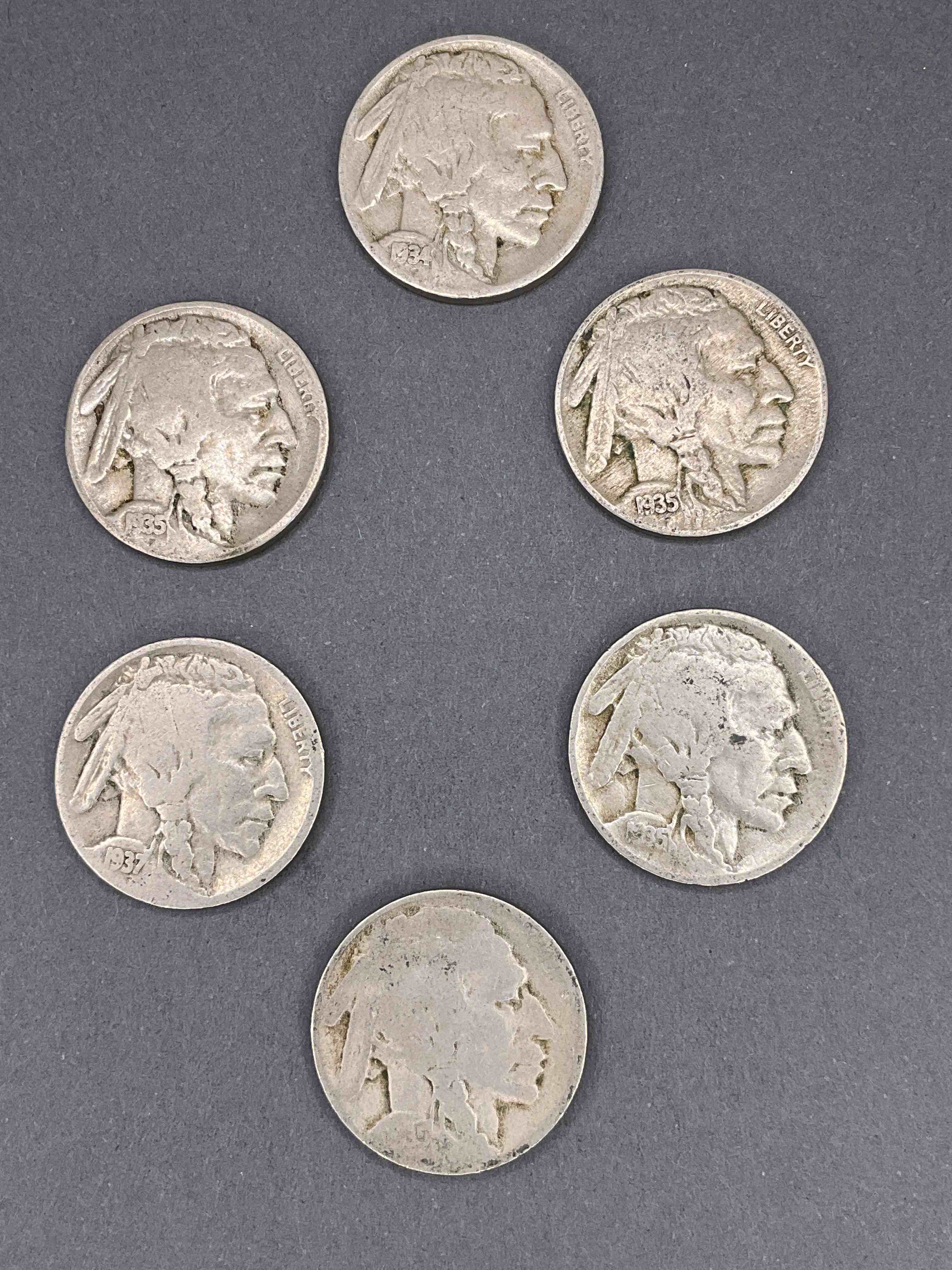 Historic Buffalo Nickels! Six Indian Head Buffalo Nickels With Dates ...