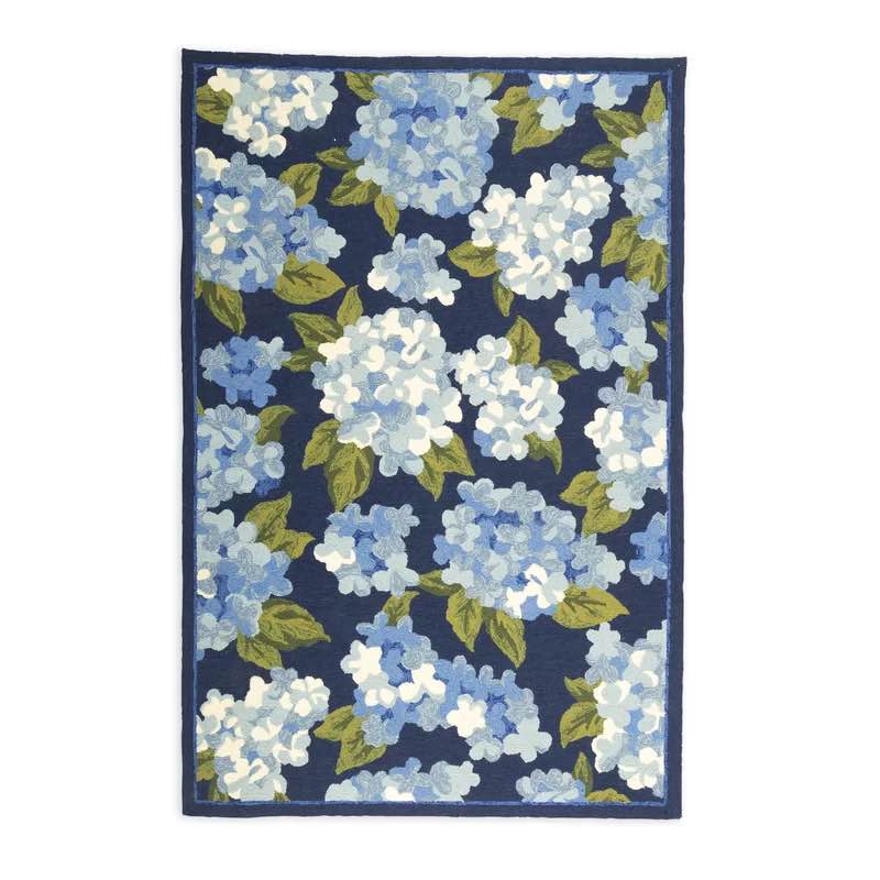 Hydrangeas Hand-Hooked Blue Area Rug