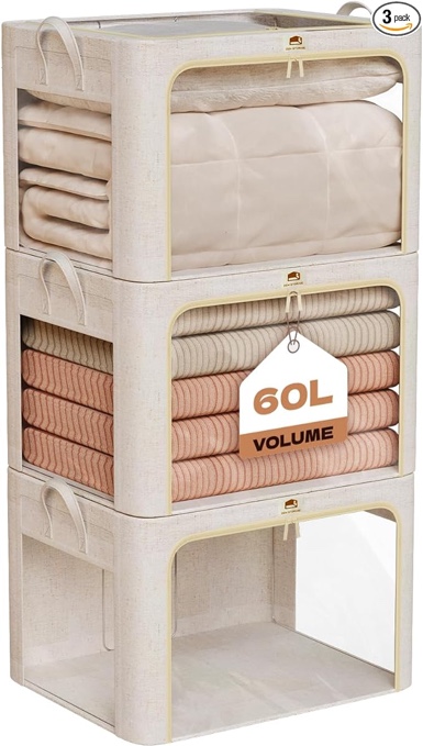 3Pack 60L Large Cloth Storage Bins with Metal Frame, Linen Storage Box ...