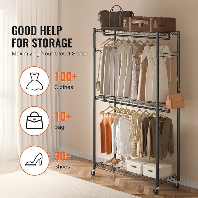 VEVOR Heavy Duty Clothes Rack, Rolling Clothing Garment Rack with 3 ...
