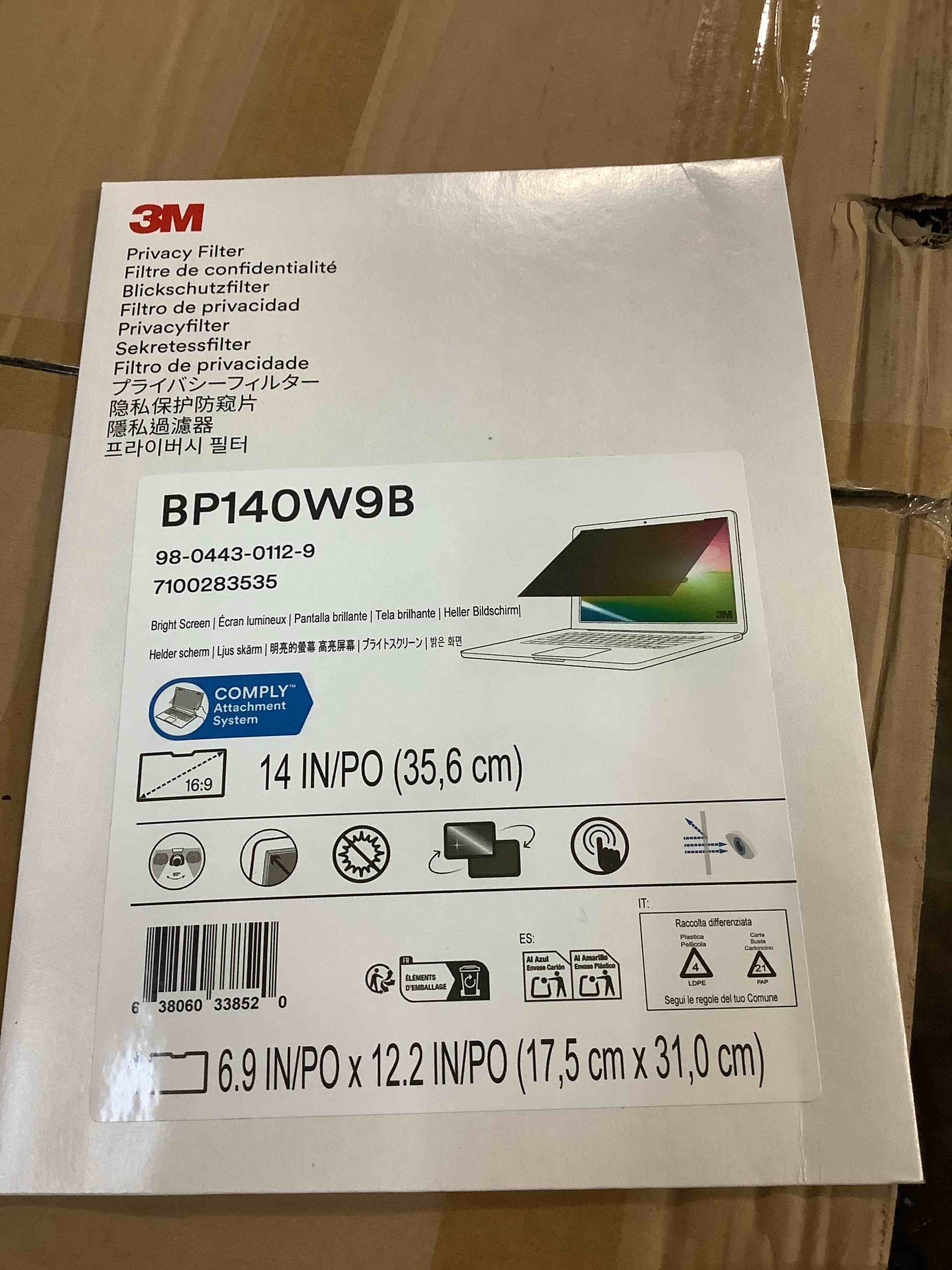 3M Bright Screen Privacy Filter for 14in Laptop, 16:10, BP140W1B