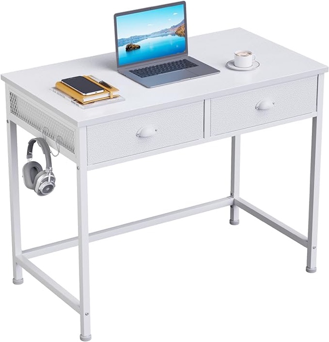 (broken)Furologee White Small Computer Desk with 2 Fabric Drawers ...