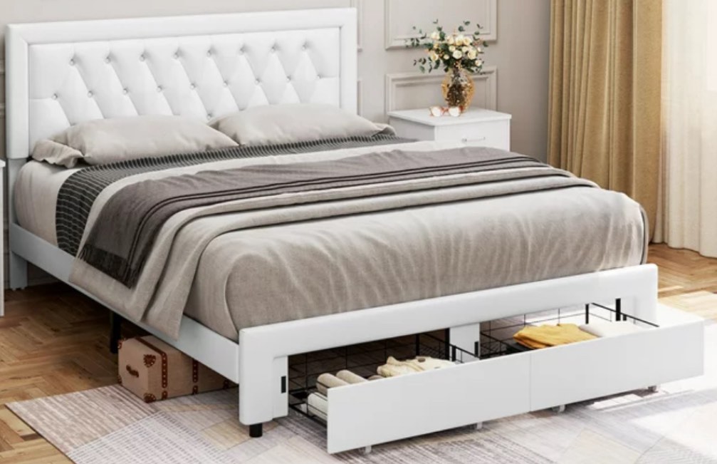 Homfa Queen Size Bed Frame with 2 Drawers, PU Leather Upholstered Platform Bed with Adjustable ...