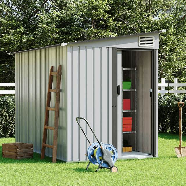 7x5 ft Outdoor Storage Shed with Sliding Lockable Door and Vents, Metal ...