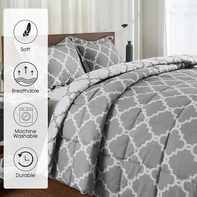 Basic Beyond Queen Comforter Set - Grey Comforter Queen Set, Reversible ...