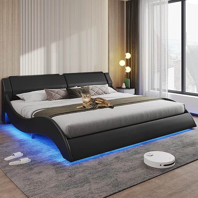 TTVIEW Queen Upholstered Smart LED Bed Frame with Headboard?Modern Faux ...