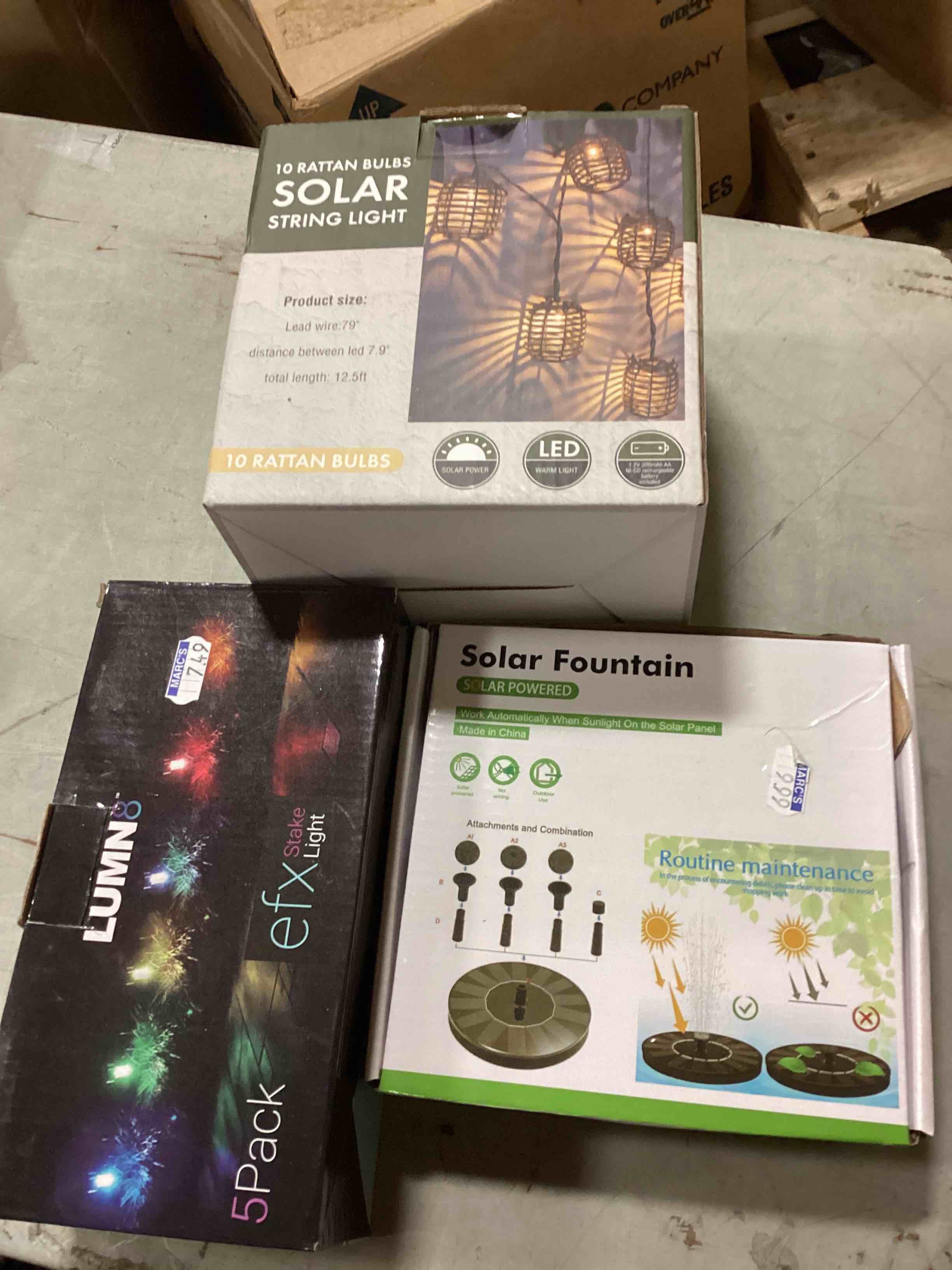 ASSORTED SOLAR LUMIN LIGHTS, 10 RATTAN SOLAR LIGHTS AND SOLAR FOUNTAIN