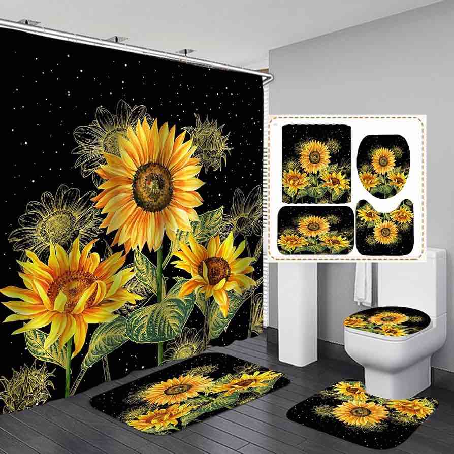 JAYDEN MADGE 4 pcs water color sunflower shower curtain set.,galaxy yellow bfloral bontanical ...