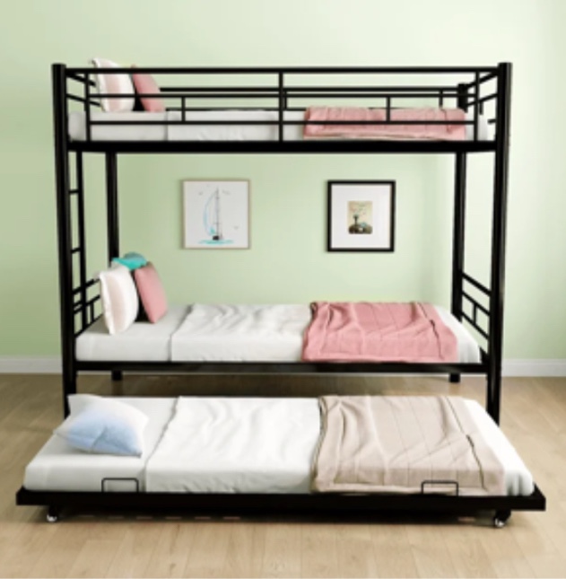 Twin Over Twin Bunk Bed with Trundle, Netrum Metal Bunk Bed with Ladder ...