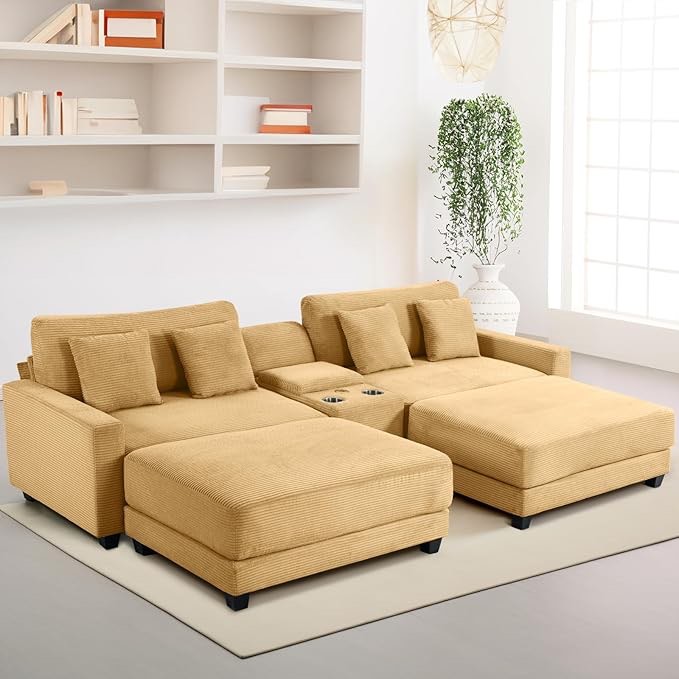 ROWHY Oversized Sectional Sofa Couch with 2 Ottomans, 111.8" Corduroy ...