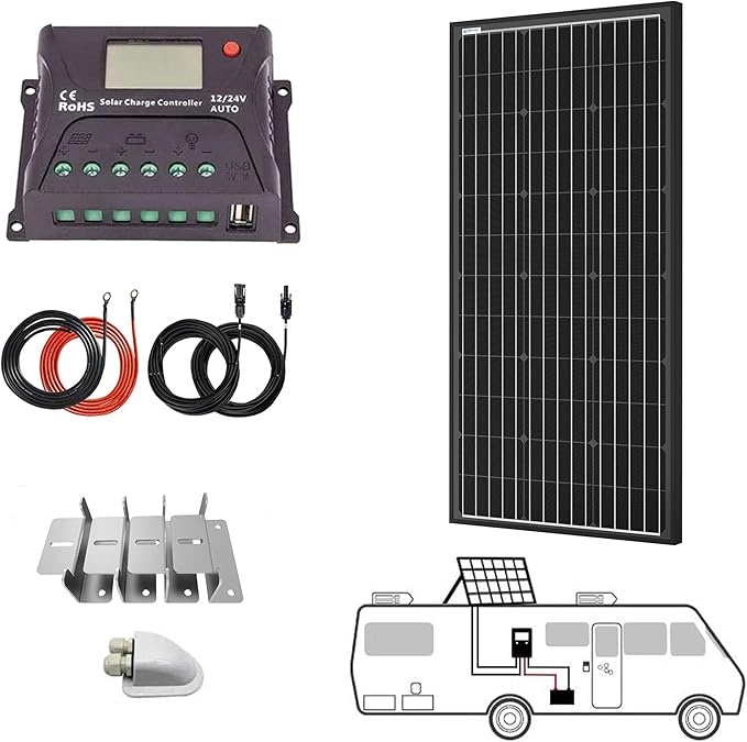 100W Mono All Black Solar Kit, 100W Solar Panel with 20A PWM Charge ...
