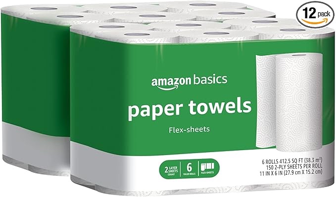 Amazon Basics 2-Ply Flex-Sheets Paper Towels, 12 Basics Rolls = 32 ...