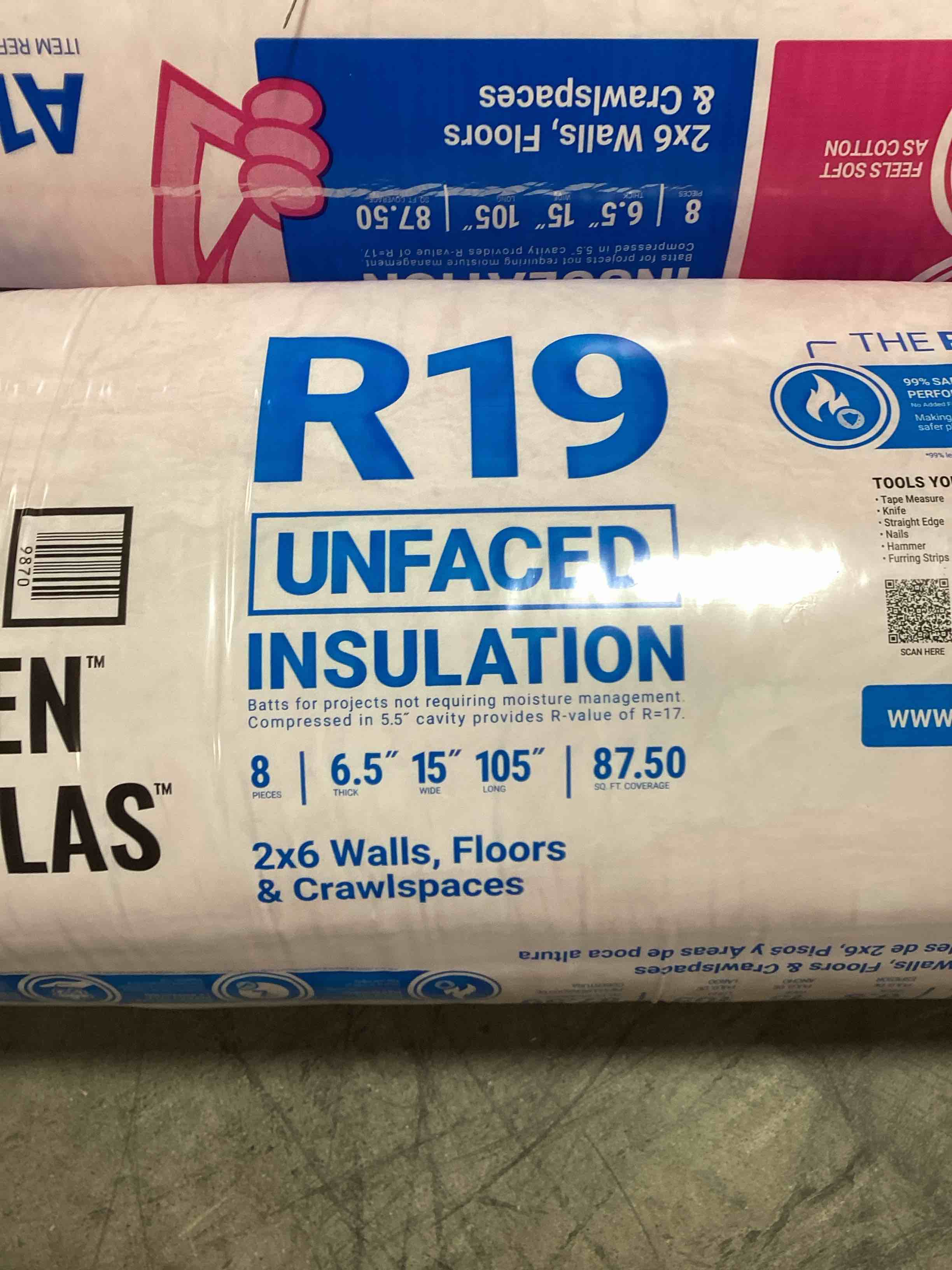 r19 unfaced insulation 6.5” thick 15” wide 105” long 87.50 sq ft per bag