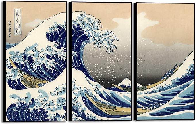 I Wieco Art Large Black Aluminum Framed Art 3 Panel Great Wave of ...
