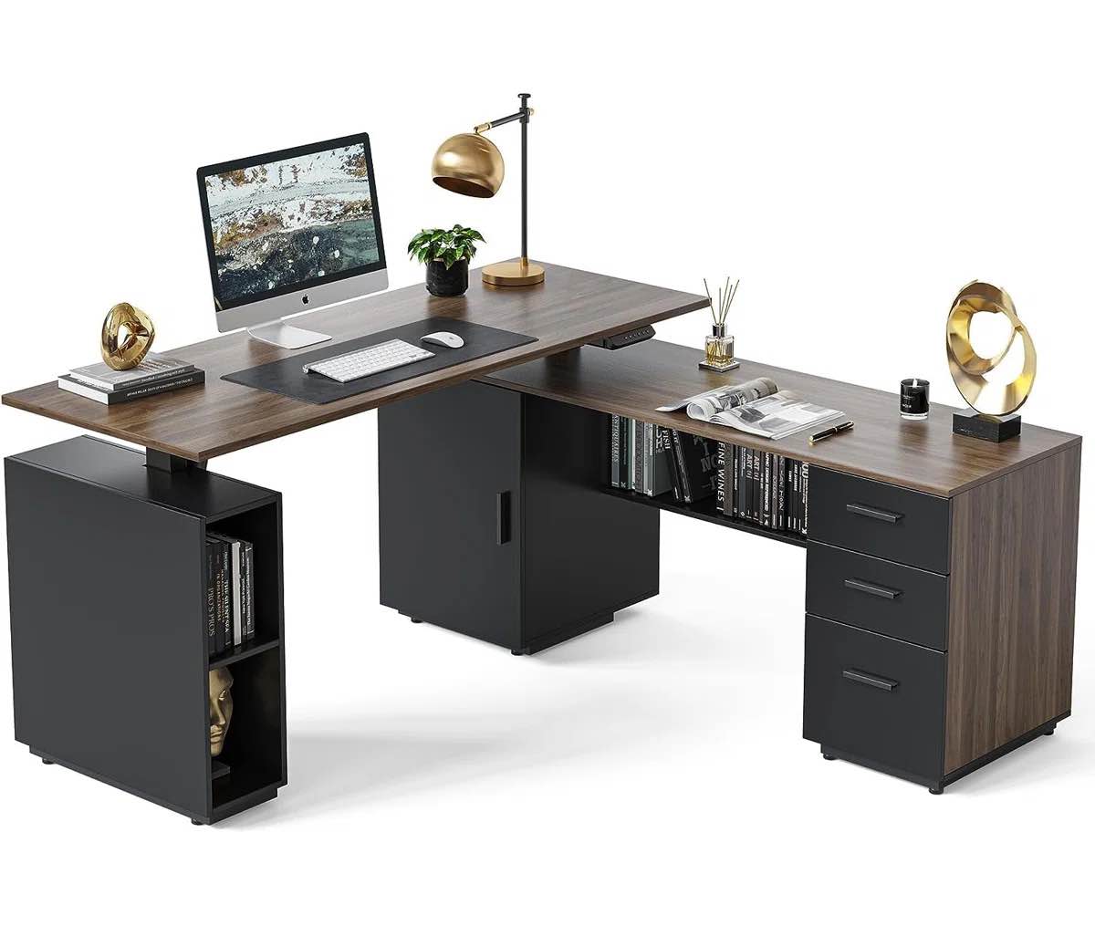 63" L Shaped Office Executive Standing Desk with File Cabinet