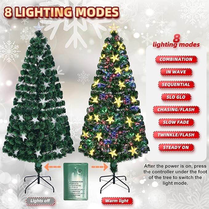 Juegoal 6ft Pre-Lit Artificial Christmas Tree, Lighted Optical Fiber Xmas Trees with Warm White ...