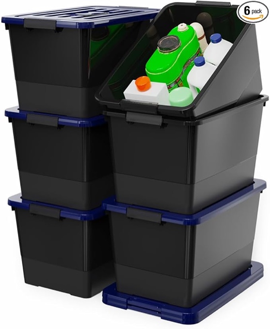 *damaged*black*WYT 53 Quart Stackable Plastic Storage Bins with Blue ...