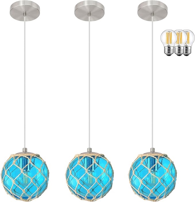 3 Pack 6" Blue Coastal Pendant Light Kitchen Island,Glass Globe Ocean ...